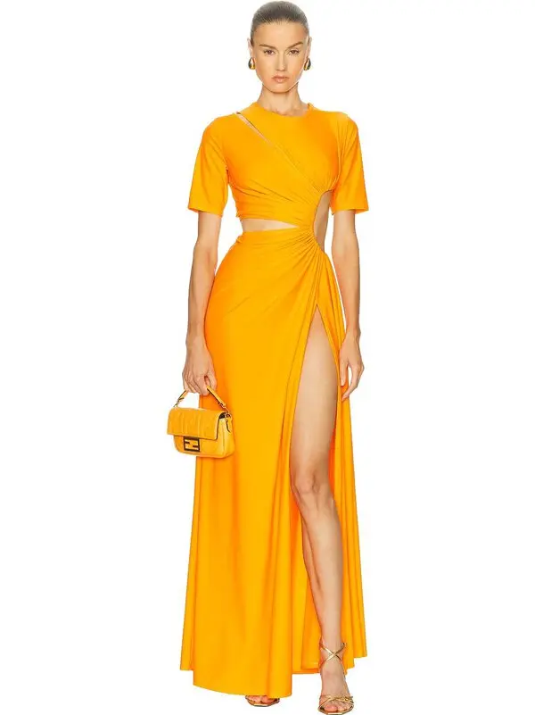 SID NEIGUM Gathered Slit Maxi Dress - Tangerine