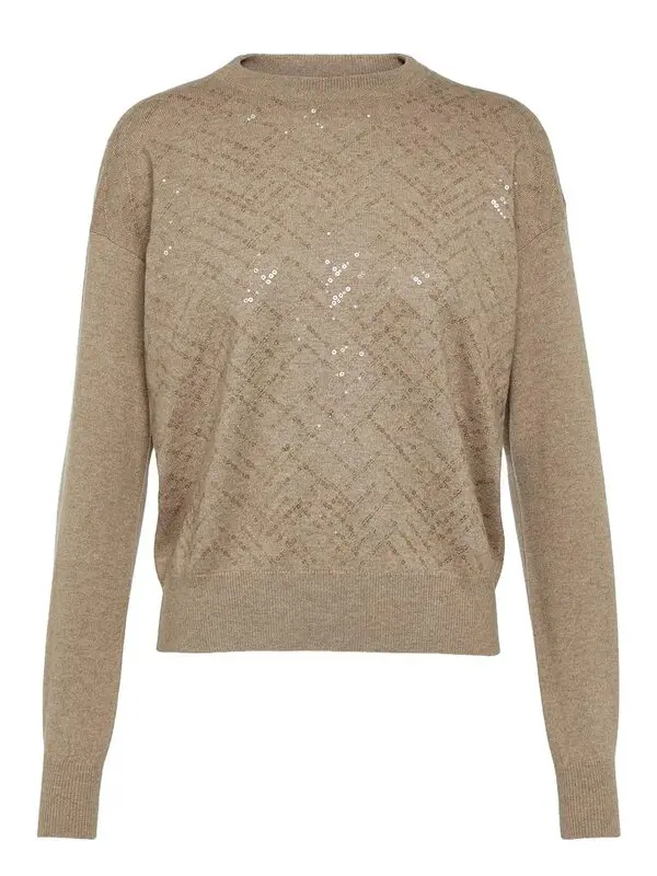 Brunello Cucinelli Embellished Wool, Cashmere, And Silk Sweater - Brown