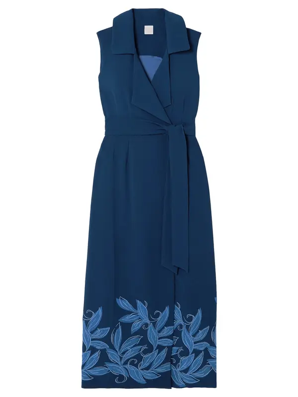 Loretta Caponi Net Sustain Noemi Belted Embroidered Crepe Midi Dress - Blue