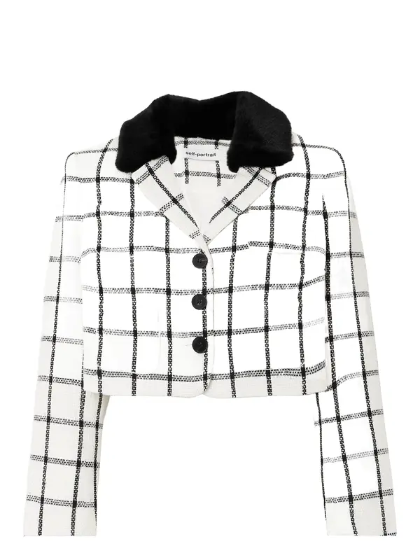 SELF-PORTRAIT Cropped Faux Fur-trimmed Checked Tweed Jacket - Cream