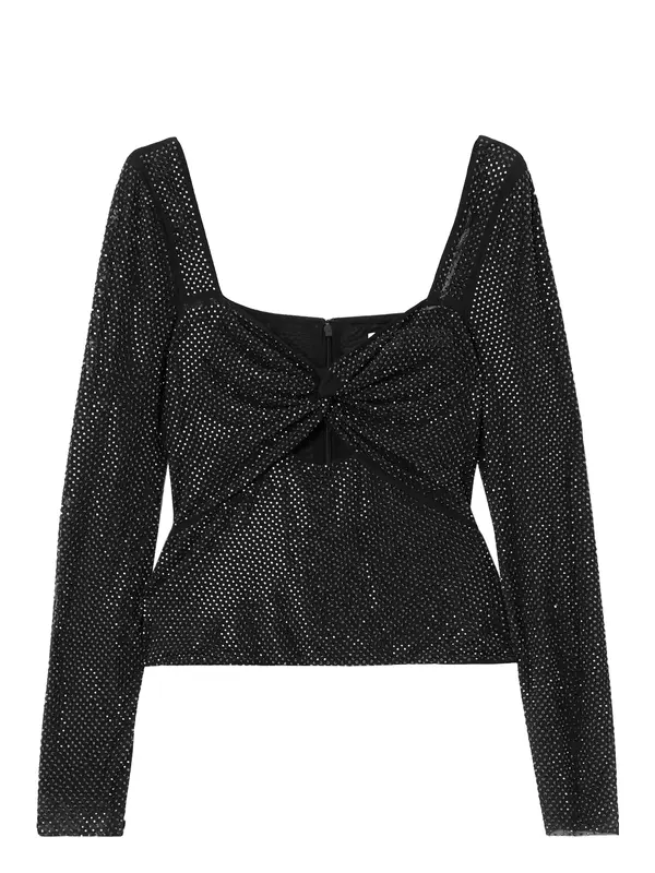 SELF-PORTRAIT Twist-front Cutout Crystal-embellished Stretch-mesh Top - Black