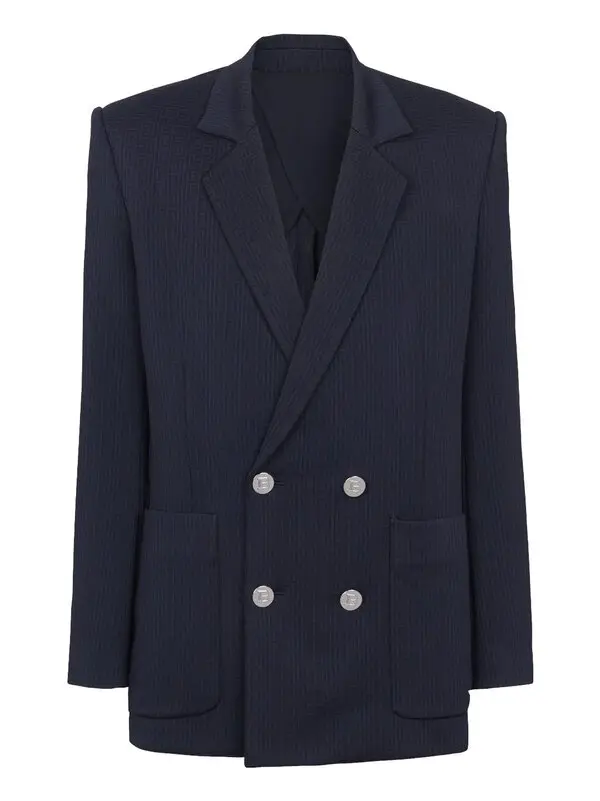 Balmain Monogram-pattern Double-breasted Blazer - Blue