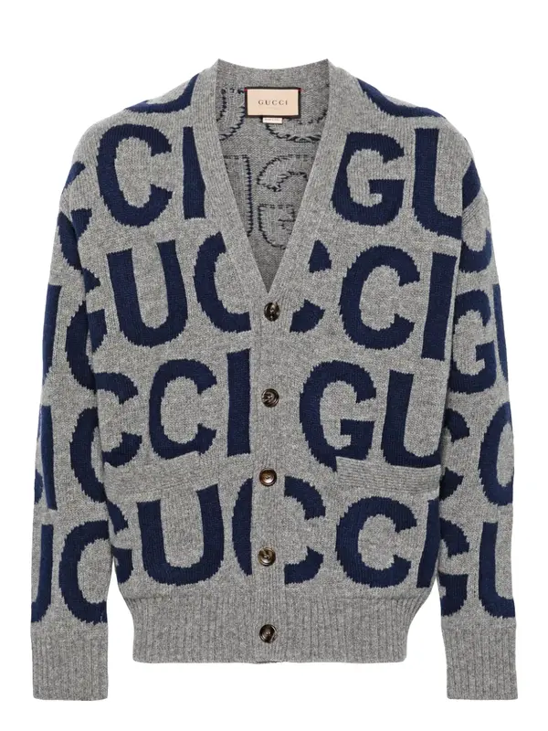 Gucci Logo-intarsia Wool Cardigan - Grey
