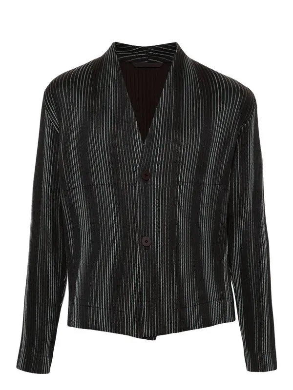 Issey Miyake Tweed Pleats Collarless Jacket - Black