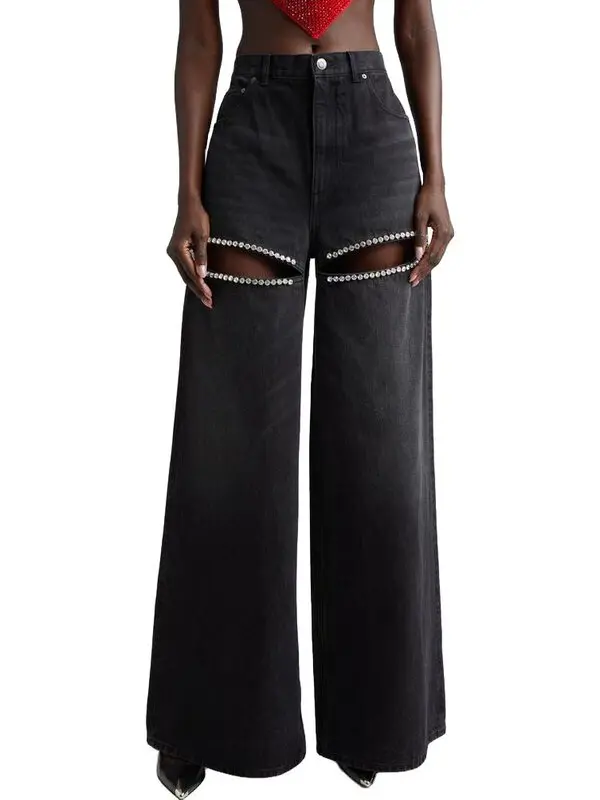 AREA Crystal Embellished Cutout Wide Leg Jeans - Black