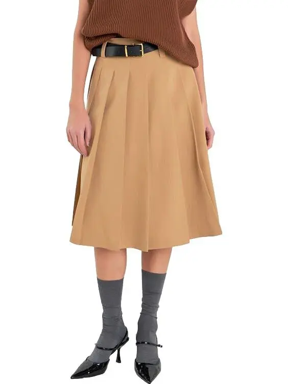 English Factory Pleated Midi Skirt - Tan