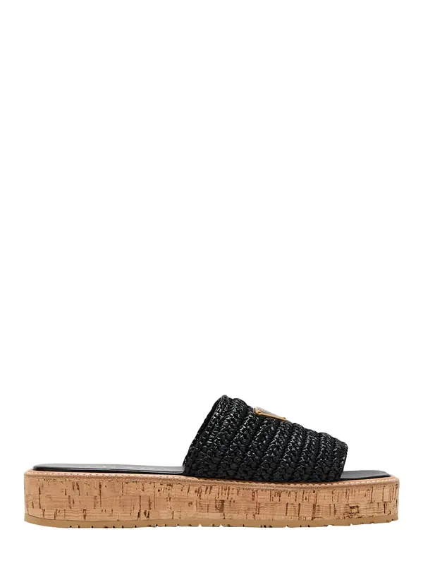 Prada Raffia Flatform Slide Sandals - Nero