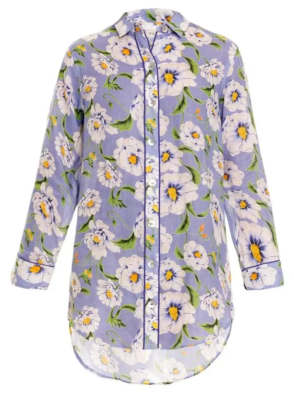 THE LAZY POET Linen Floral Mini Shirtdress - Blue