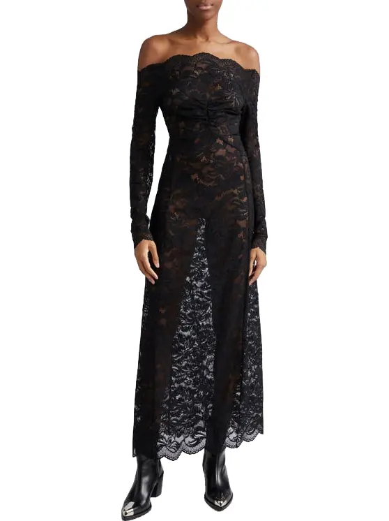 Rabanne Off The Shoulder Long Sleeve Sheer Stretch Lace Dress - Black