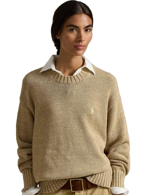 Ralph Lauren Logo Cotton Crewneck Sweater - Tan Heather