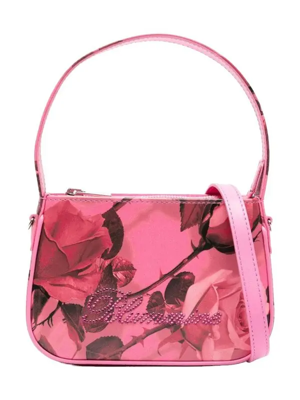 Blumarine Rhinestone-logo Floral-print Leather Tote - Pink