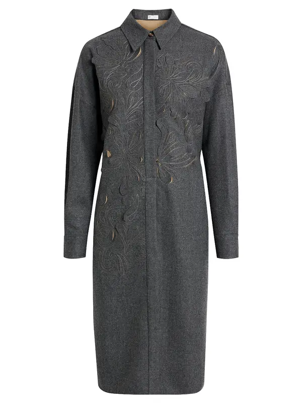 Brunello Cucinelli Lasercut Wool-blend Shirt Dress - Dark Gray