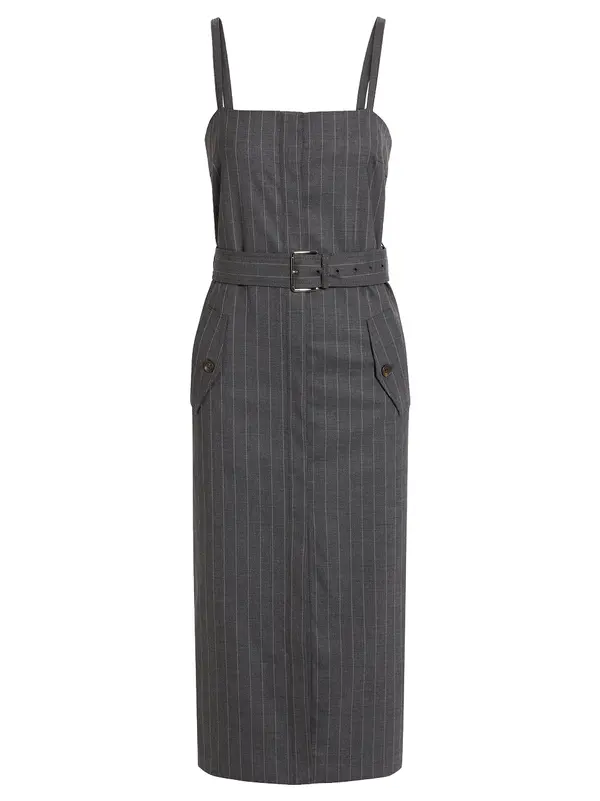 Brunello Cucinelli Belted Pinstriped Midi Dress - Anthracite