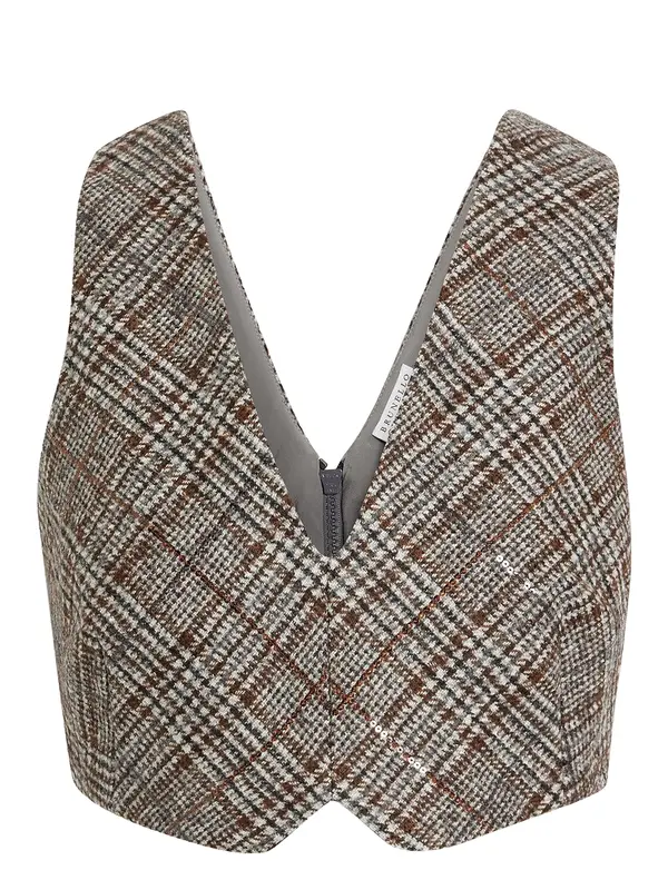Brunello Cucinelli Cropped Sequined Tweed Top - Brown