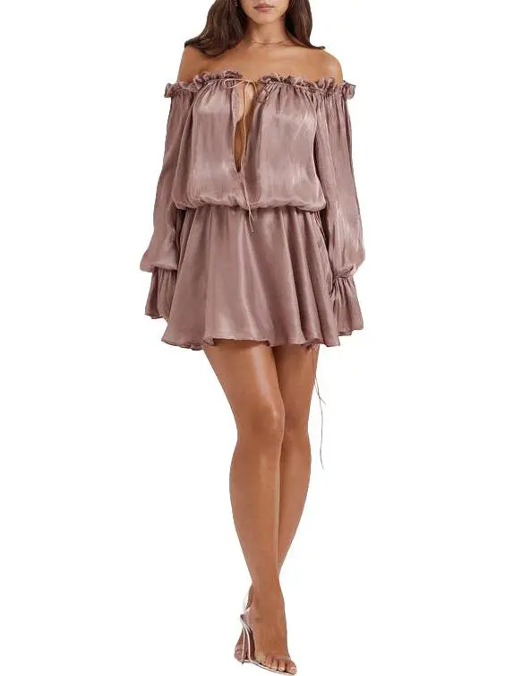 House Of Cb Metallic Off-the-shoulder Mini Dress - Hazelnut
