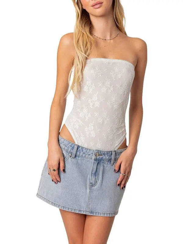 EDIKTED Alina Strapless Lace Bodysuit - White