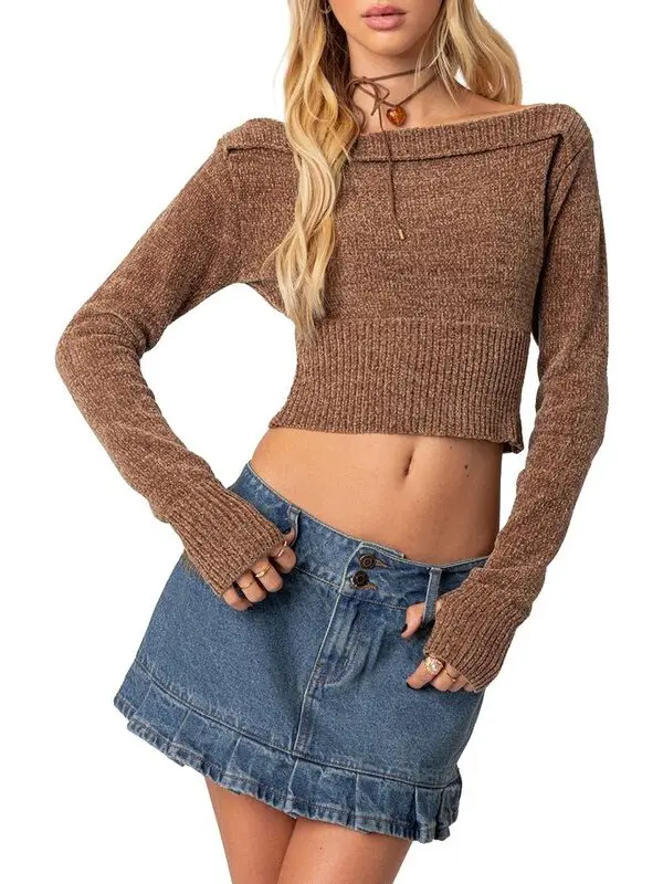 EDIKTED Farrah Off The Shoulder Crop Sweater - Brown