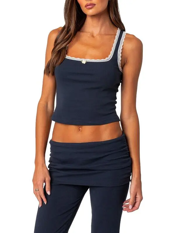 EDIKTED Kadence Lace Trim Crop Tank - Navy