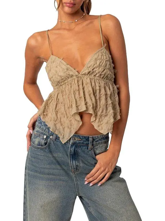 EDIKTED Flutter Frilled Tie Back Babydoll Top - Olive