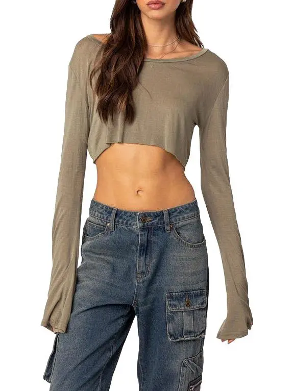 EDIKTED Sheer Crop Top - Olive