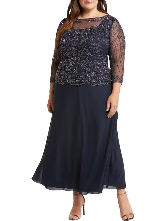 Pisarro Nights Beaded Mesh Gown - Navy 410