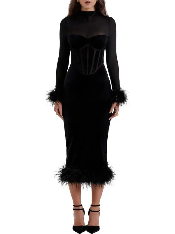 House Of Cb Lianna Feather Trim Corset Midi Dress - Black