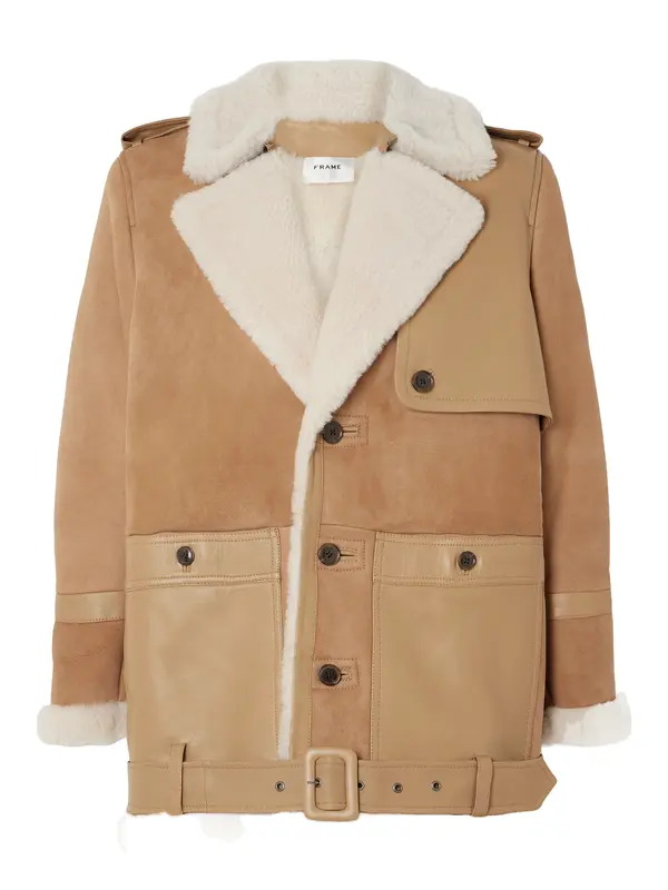 FRAME Belted Leather-trimmed Shearling Jacket - Neutrals