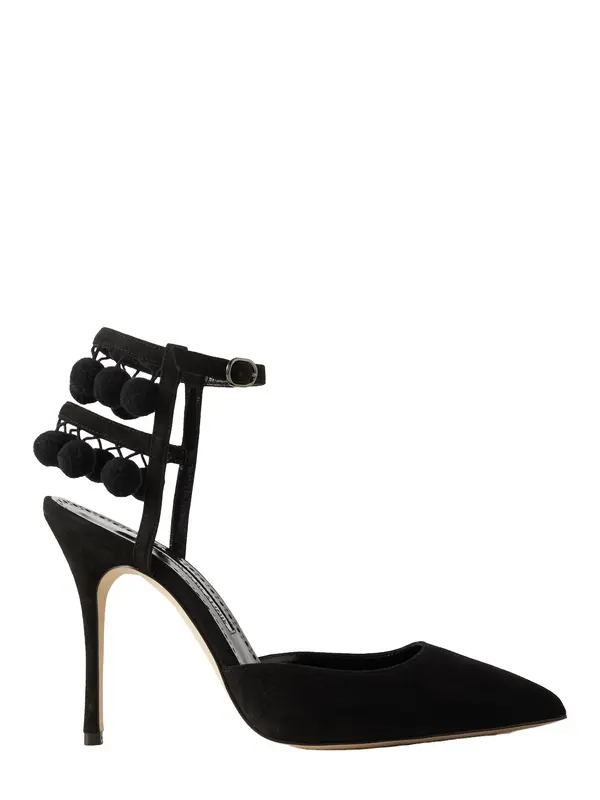 Manolo Blahnik Tumusami 105 Pom Pom-embellished Suede Pumps - Black