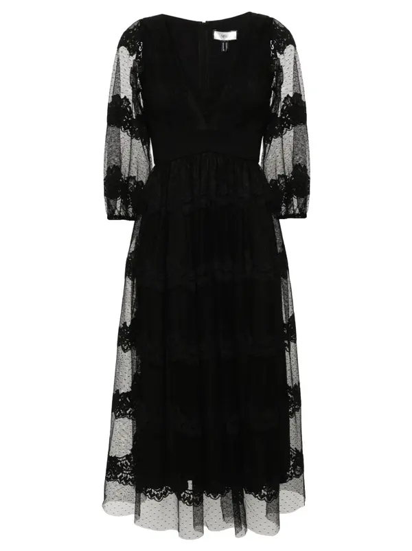 NISSA Floral-lace Tiered Midi Dress - Black