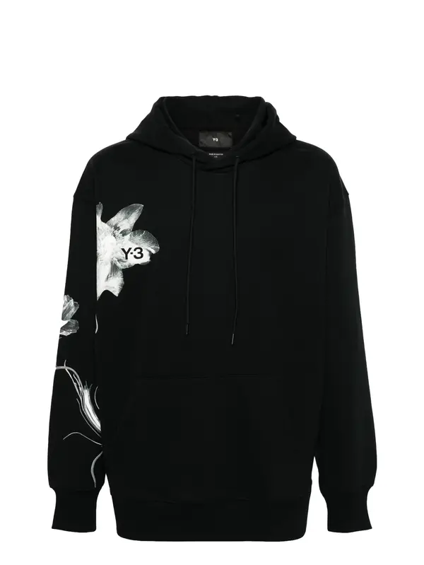 Y3 Floral-print Drawstring Hoodie - Black