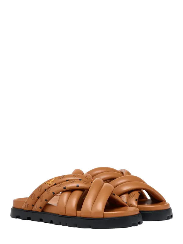 Mcm Monogram Print Lamb Leather Slides - Cognac