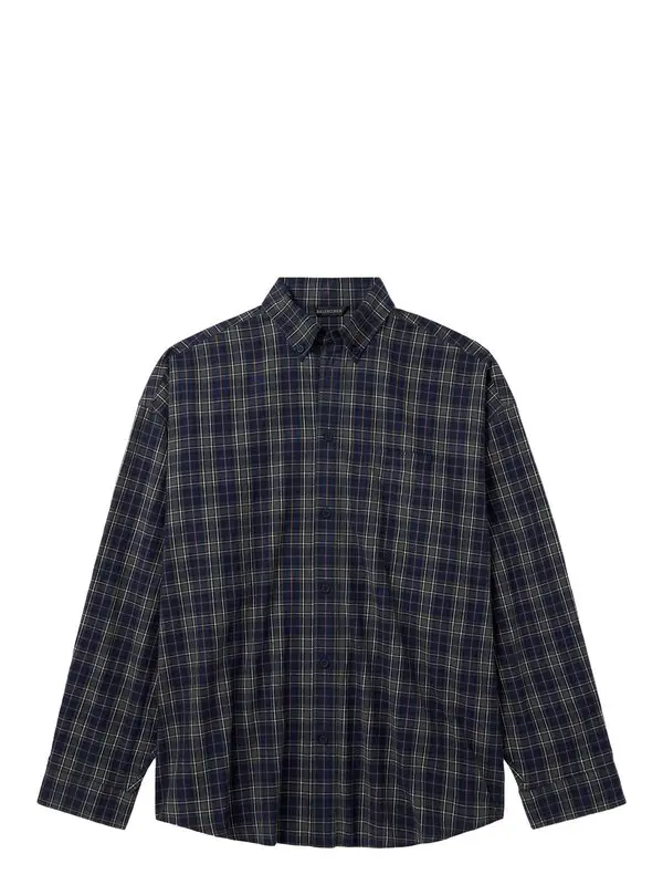 Balenciaga Oversized Button-down Collar Logo-print Checked Cotton-flannel Shirt - Blue