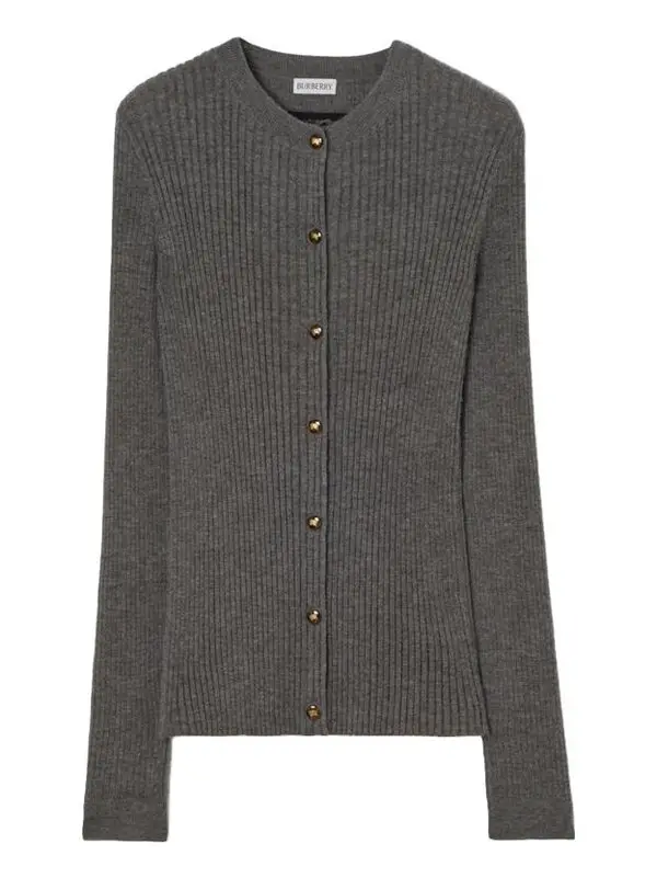 Burberry Cashmere Crew Neck Cardigan With Equestrian Knight Design - Grey Melange