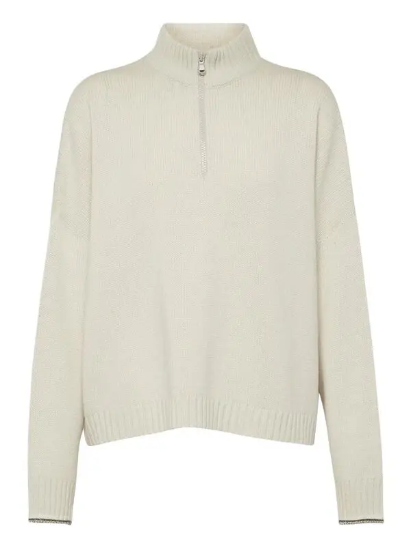 Brunello Cucinelli Wool, Cashmere And Silk Half-zip Sweater - White