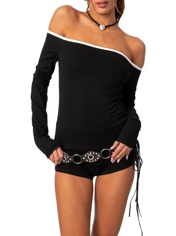 EDIKTED Captain Off-the-shoulder Long Sleeve Top - Black-and-white