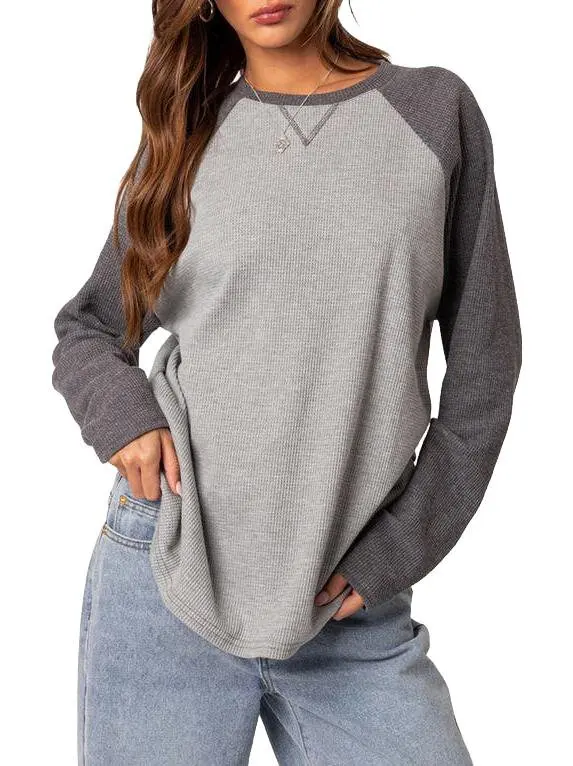 EDIKTED Oversized Waffle Knit Top - Gray Melange