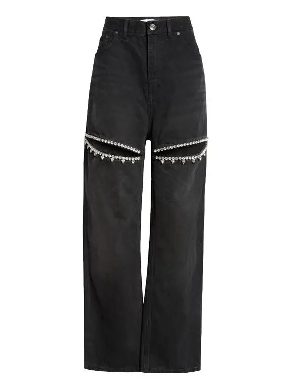 AREA Crystal Slit Straight Leg Jeans - Black