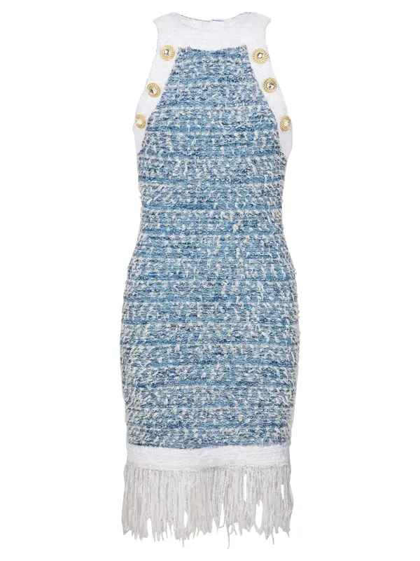 Balmain Fringed Tweed Mini Dress - Blue
