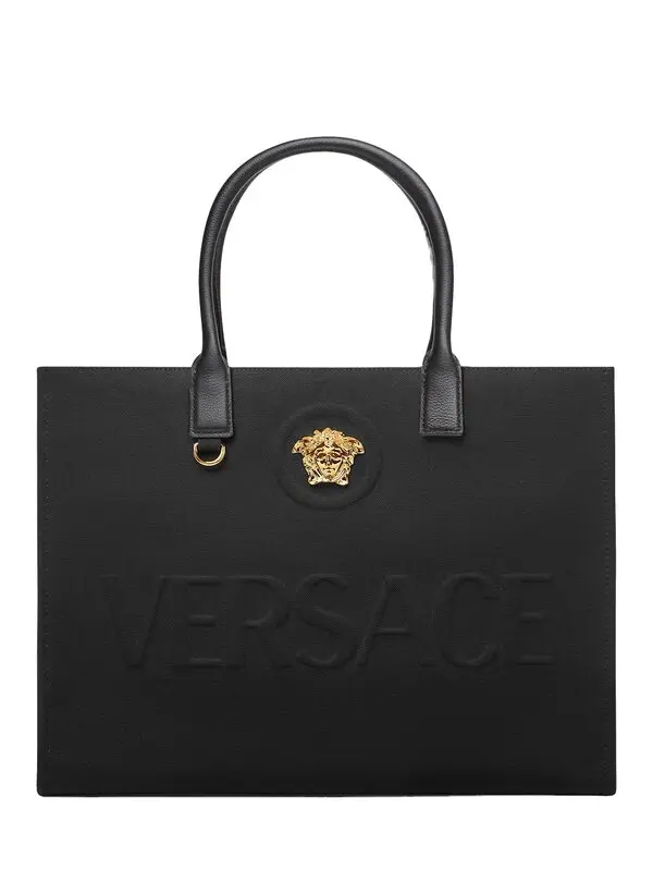 Versace La Medusa Large Canvas Tote - Black+gold