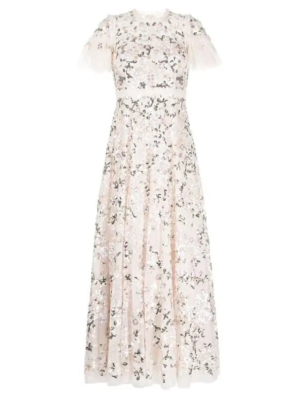 NEEDLE & THREAD Floral-embroidered Short-sleeve Gown - Neutrals