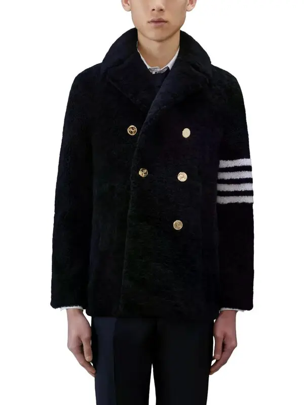 Thom Browne 4-bar Stripe Shearling Pea Coat - Blue