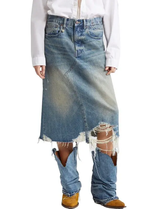 R13 Jesse Destroyed Hem Denim Skirt - Clinton Blue