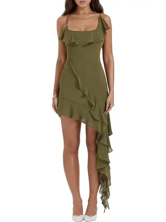 House Of Cb Ruffle Drape Asymmetric Minidress - Olive