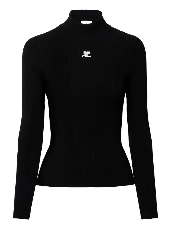 COURREGES Reedition Embroidered Ribbed-knit Turtleneck Sweater - Black
