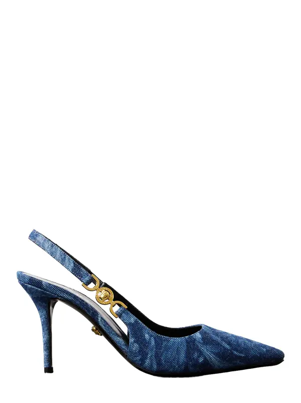 Versace Embellished Printed Denim Slingback Pumps - Blue