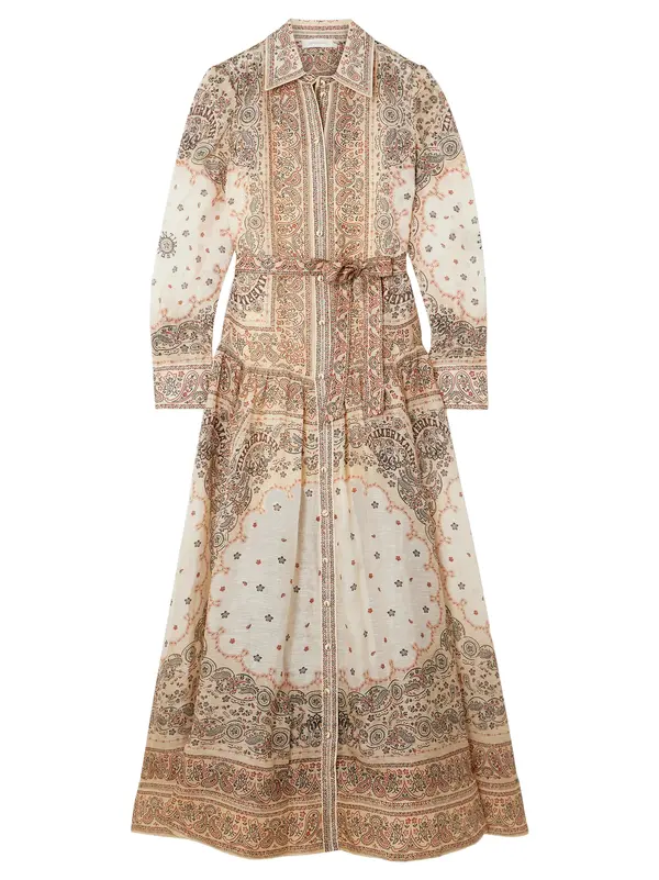 Zimmermann Paisley-print Belted Linen And Silk-blend Voile Shirt Dress - Cream