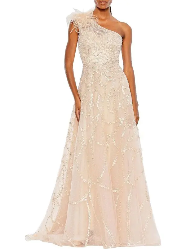 Mac Duggal Sequin & Feather-embellished Gown - Peach