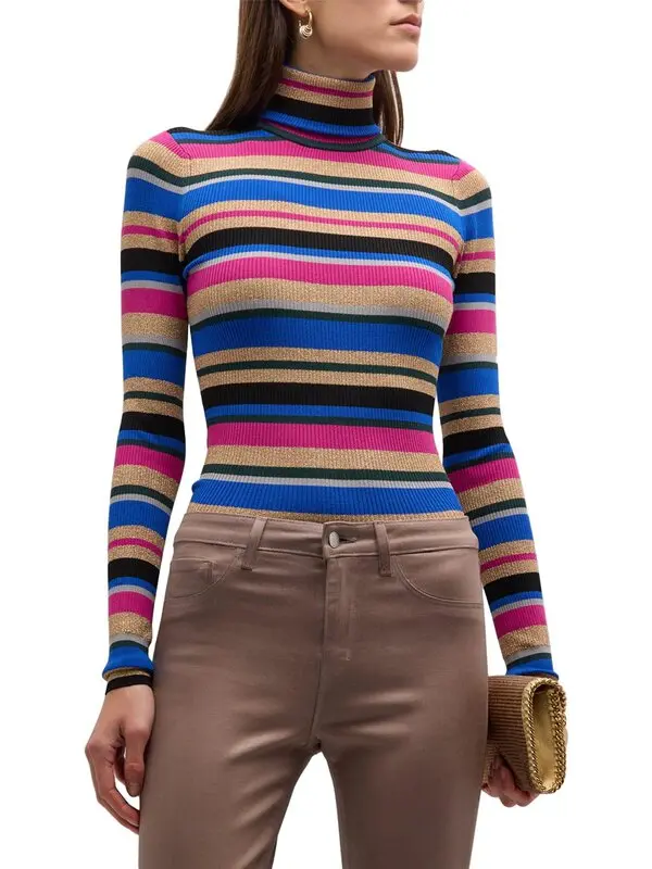 L'Agence Olene Stripe Turtleneck Top - Magenta Multi Stripe