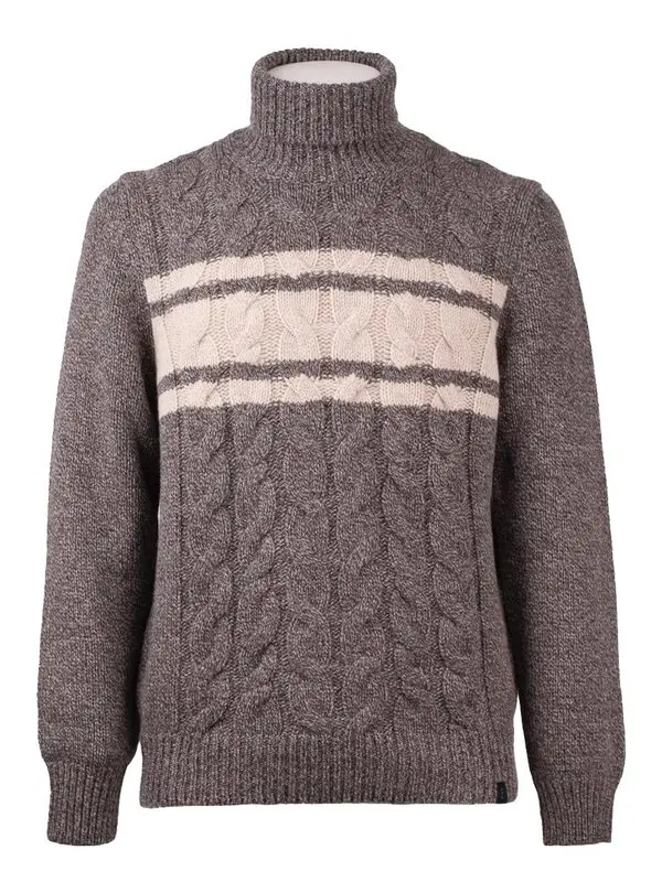 FAY Wool Mouliné Cable-knit Turtleneck Sweater - Brown
