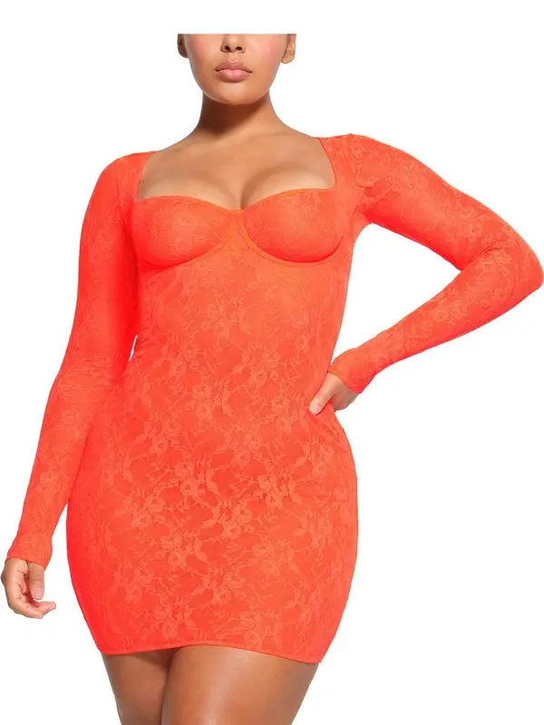 SKIMS Stretch Lace Lined Long Sleeve Underwire Mini Dress - Sunset